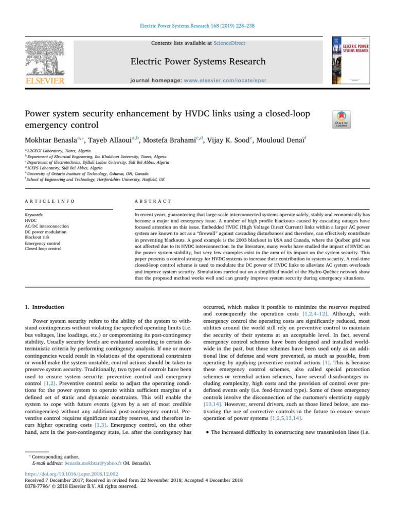 Power System Security Enhancement by HVDC Links Using A Closed-Loop - Benasla2019 | PDF | High ...