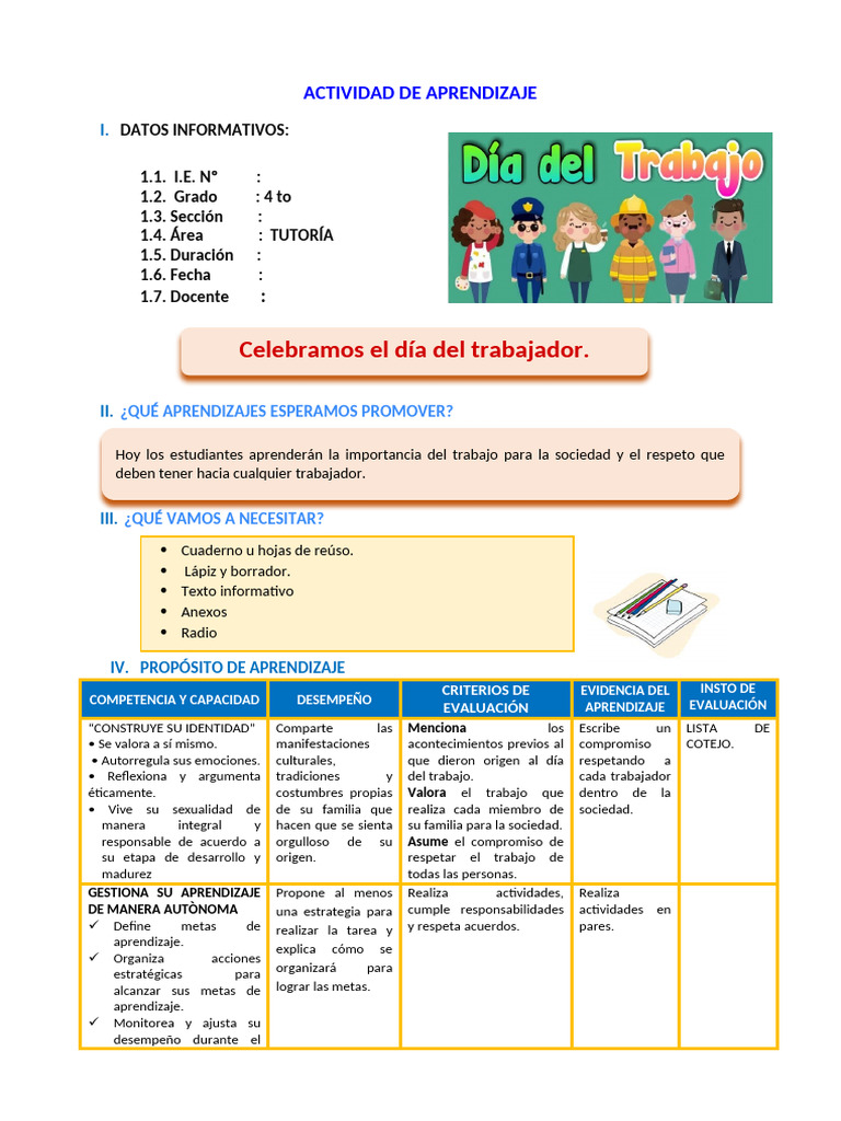 D1 A3 SESION TUT. Celebramos El Día Del Trabajador. | PDF | Relaciones ...