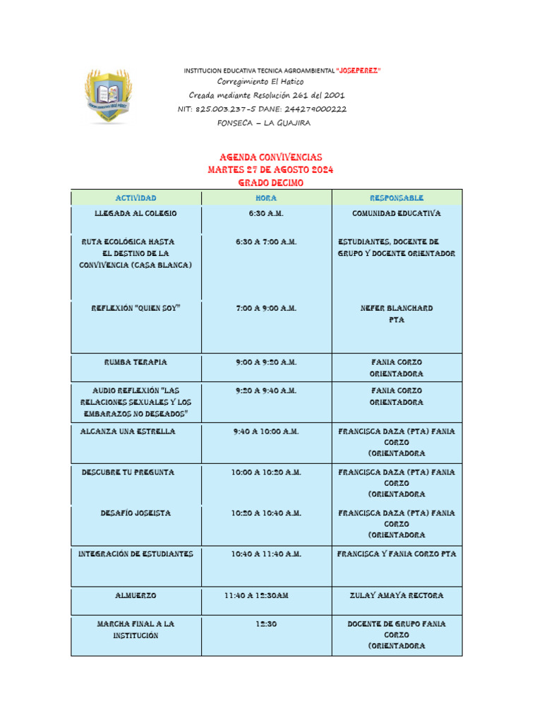 Agenda Convivencias Grado Decimo | PDF