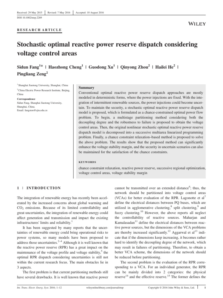 Stochastic Optimal Reactive Power Reserve Dispatch Considering Vol - Fang2016 | PDF ...