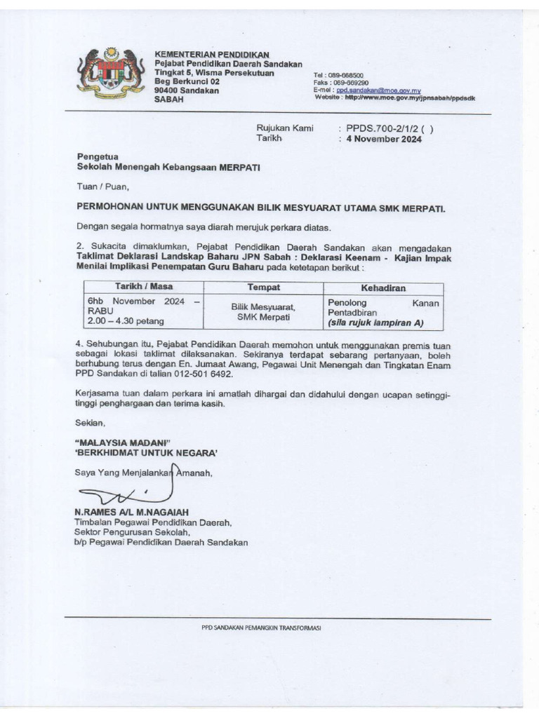 Permohonan Bilik Mesyuarat SMK Merpati | PDF