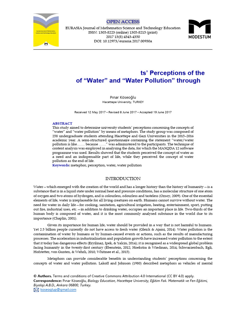 An Analysis of University Students Perceptions of The Concepts of Water ...