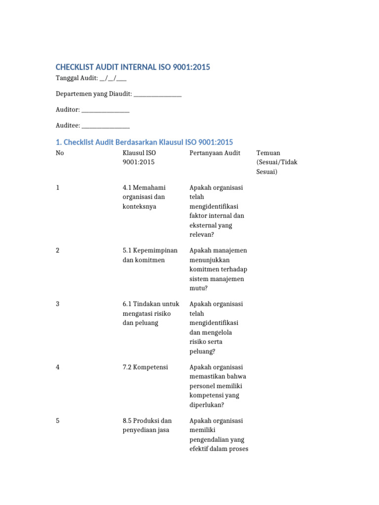 Checklist Audit Internal ISO9001 | PDF