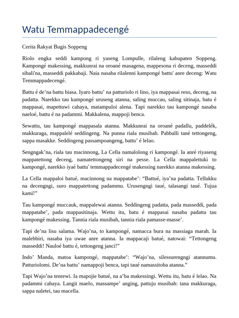 Cerita Panjang Bugis Soppeng Watu Temmappadecenge | PDF