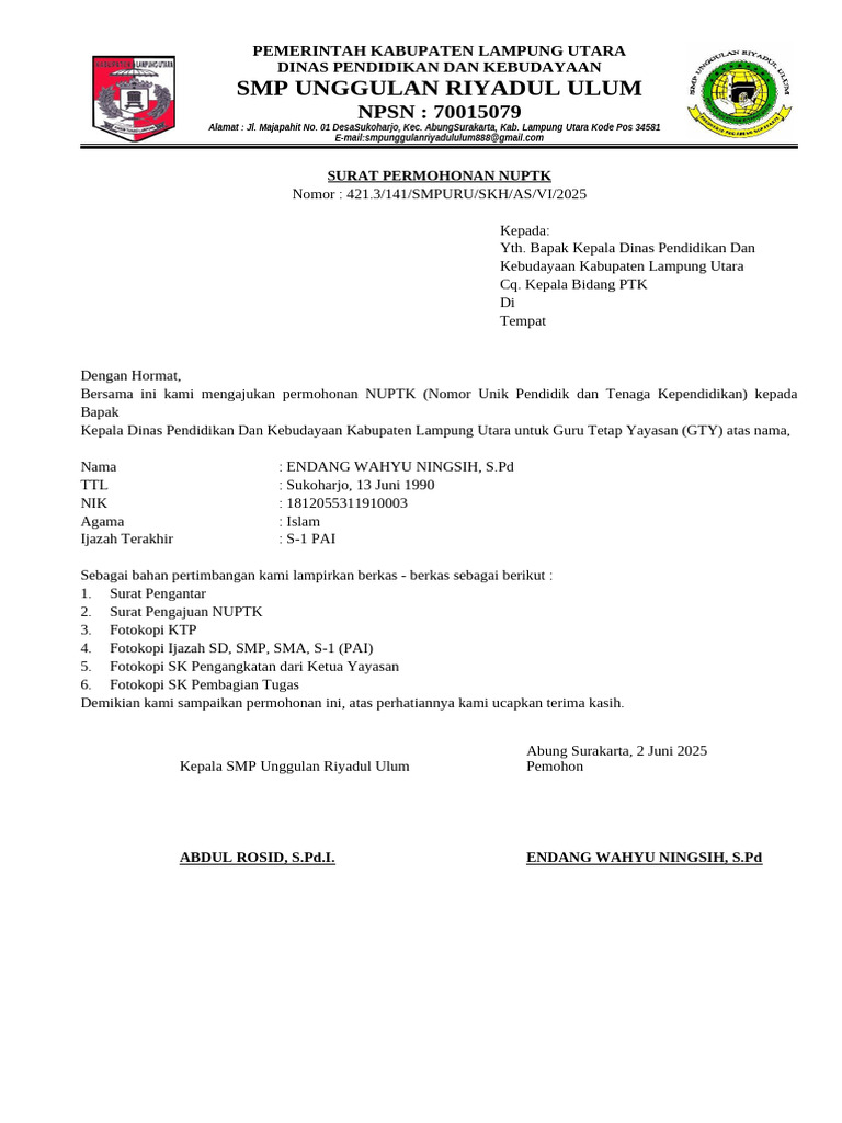 Surat Permohonan NUPTK . | PDF