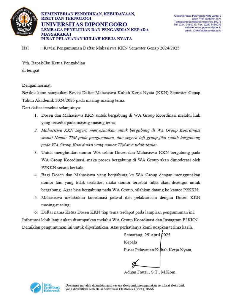 Pengumuman RevUpdate Plotting KKN SMT Genap TA 2024-2025 | PDF