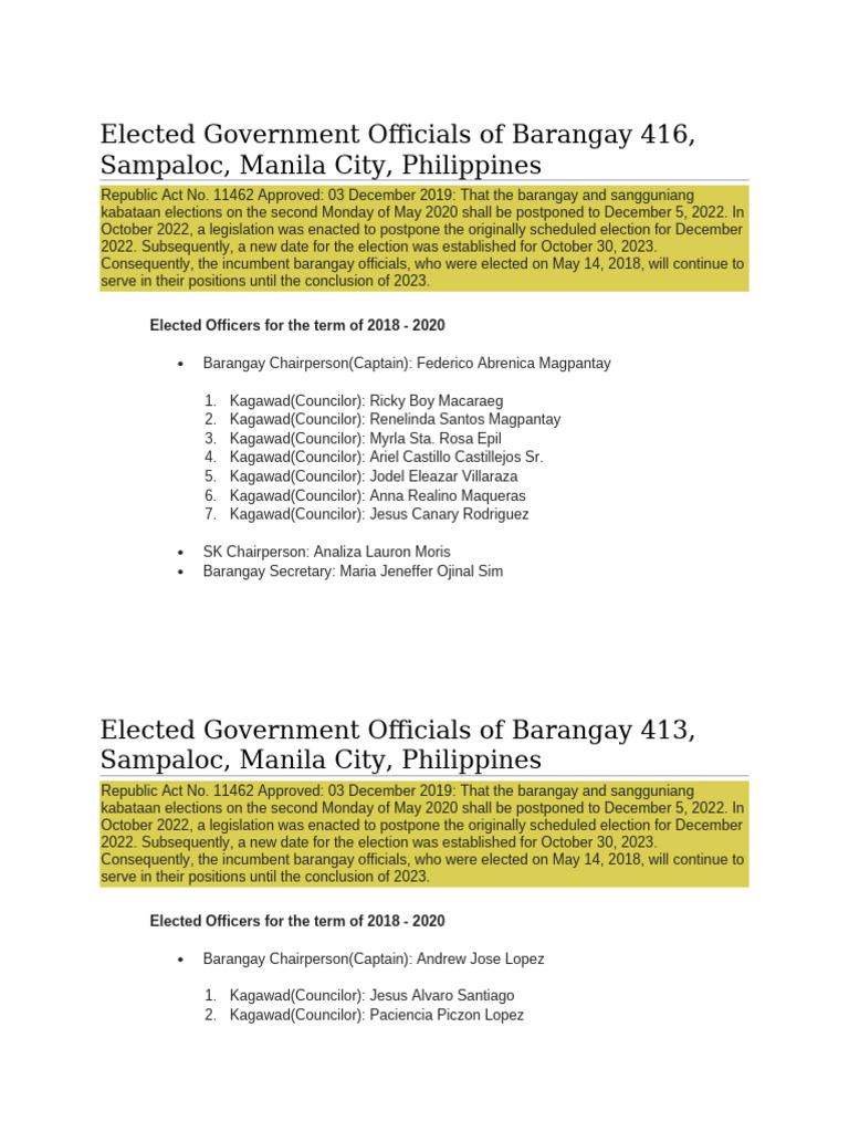 Elected Government Officials of Barangay 416 | PDF