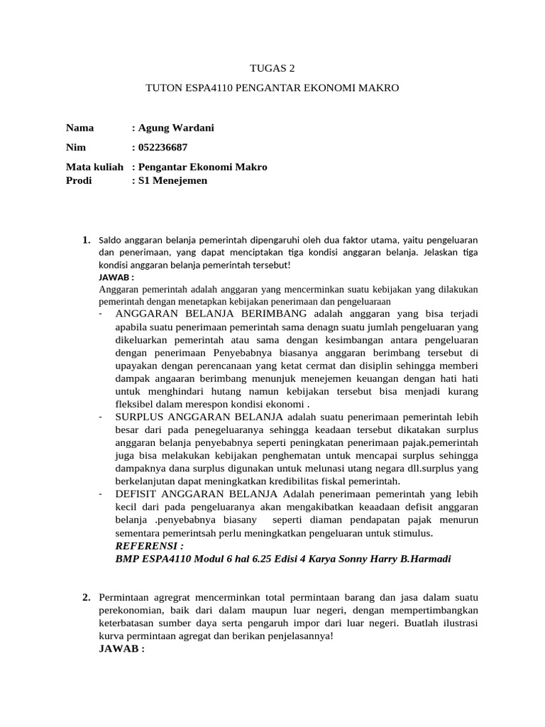 Tugas 2 Pengantar Ekonomi Makro Agung Wardani | PDF