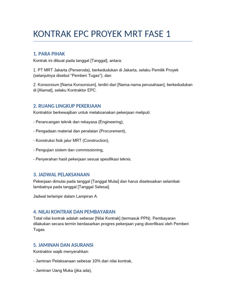 Kontrak EPC Proyek MRT Fase 1 | PDF