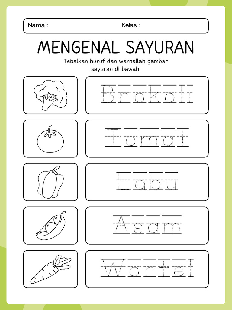 Lembar Kerja Menebalkan Huruf Dan Mewarnai Sayuran Hijau Ilustrasi ...