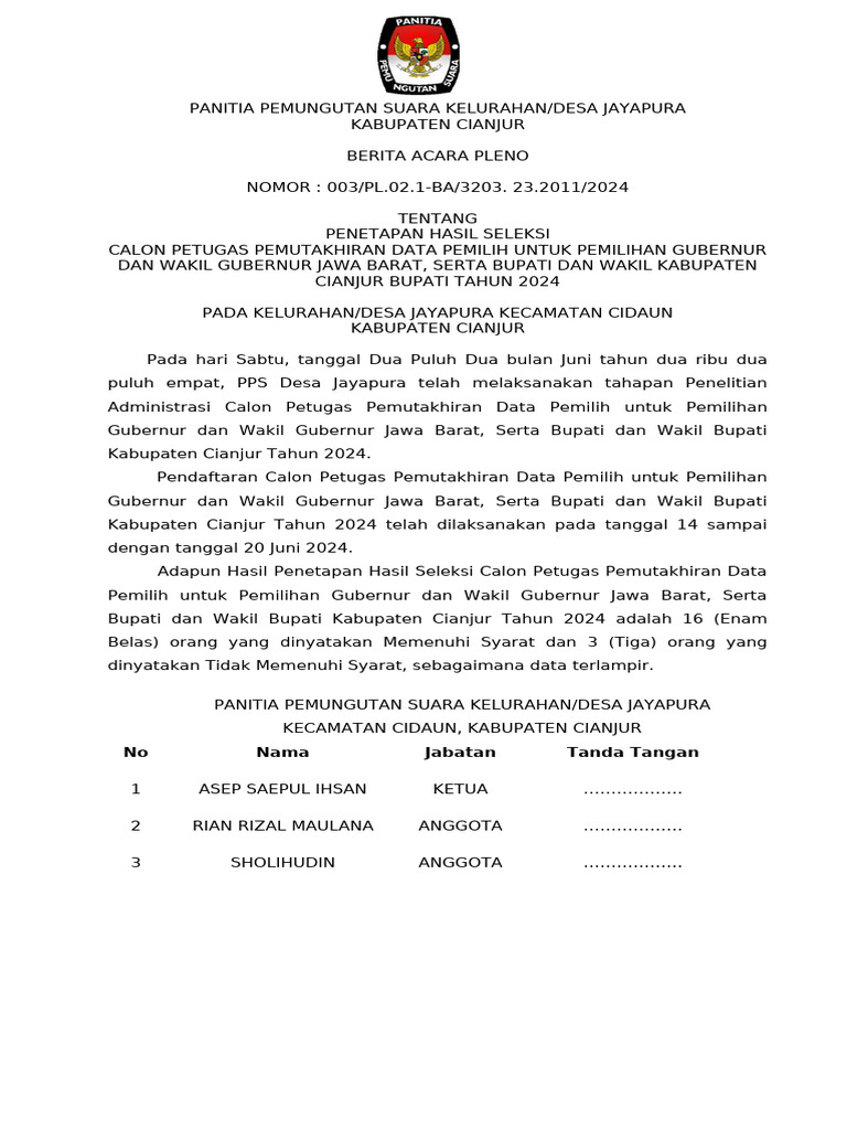 Berita Acara Hasil Penelitian Administrasi Pantarlih Pilkada 2024 | PDF
