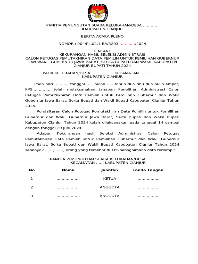 Berita Acara Kekurangan Hasil Penelitian Administrasi Pantarlih Pilkada 2024 | PDF