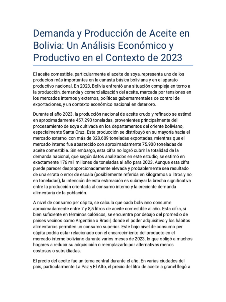 Producción y Demanda de Aceite en Bolivia 2023 | PDF | Bolivia | Inflación