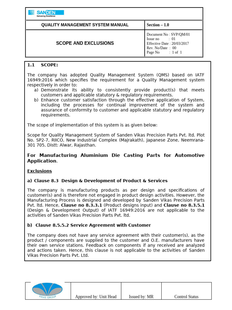 IATF 16949 Scope and Exclusions | PDF