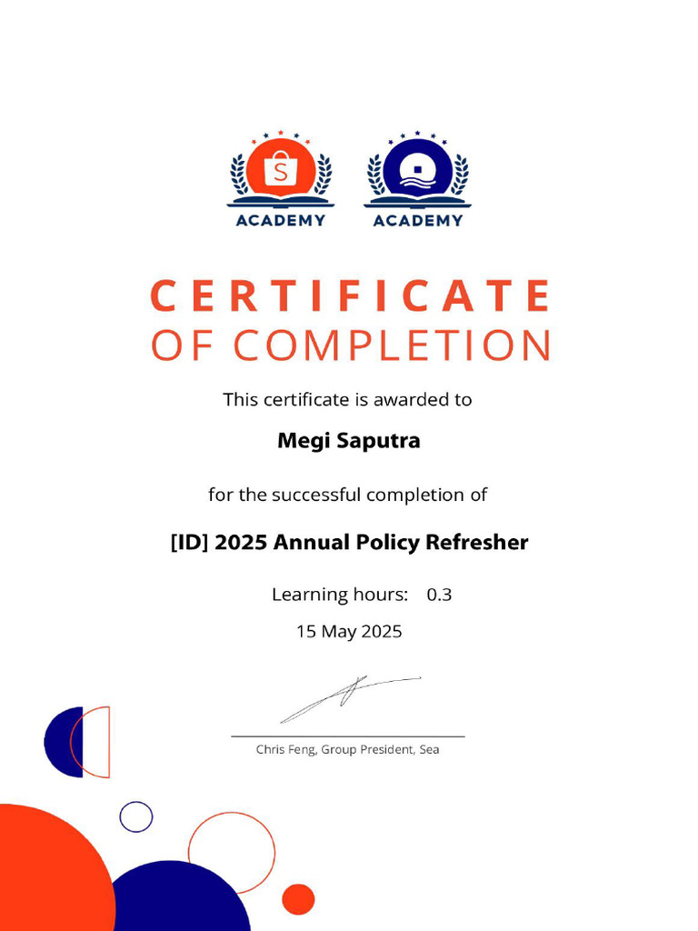 (ID) 2025 Annual Policy Refresher - Certificate | PDF