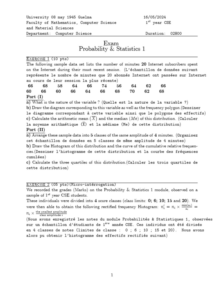 Examen Correction Probability Statistics 1 2024 | PDF | Histogram | Quartile