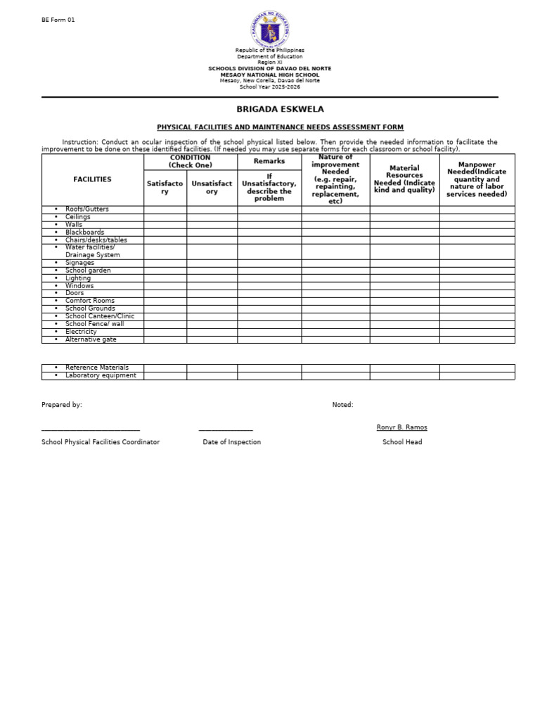 Be Form 1 Physical Facilities and Maintenance Needs Assessment Form | PDF