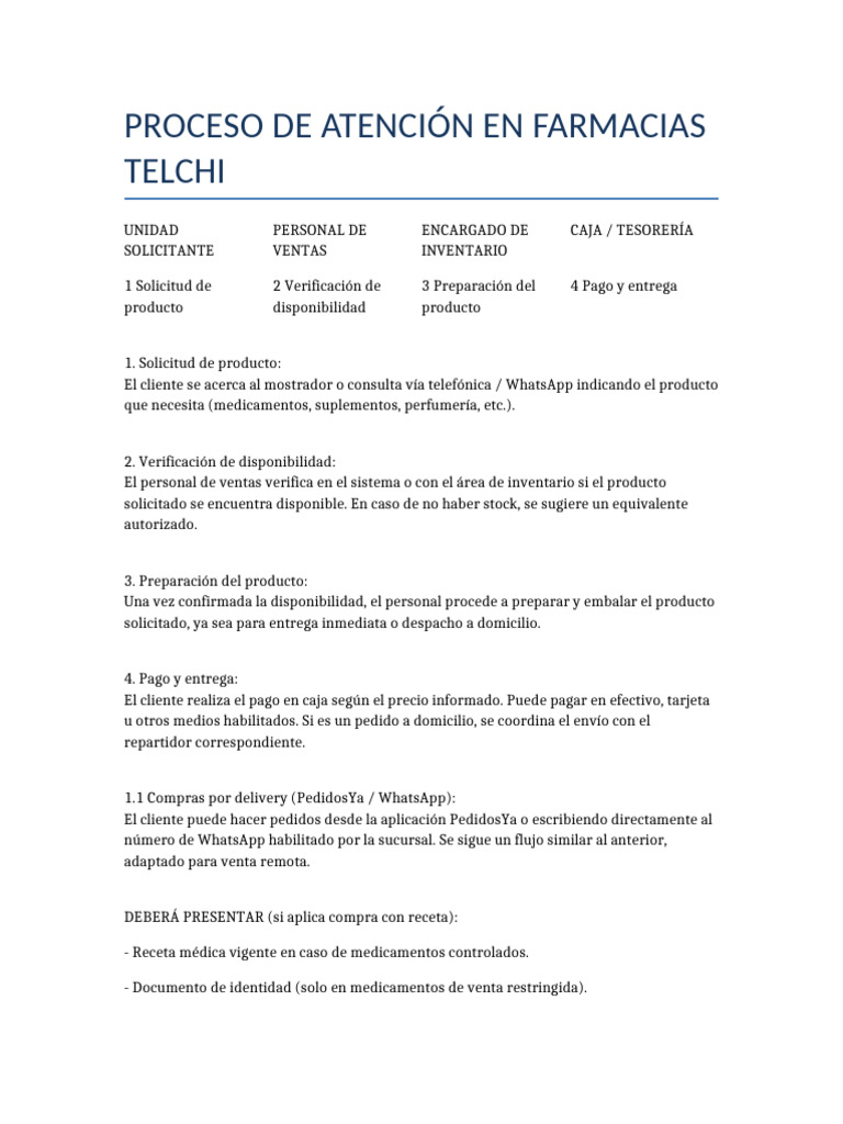 Proceso de Pedidos en Farmacia Telchi | PDF