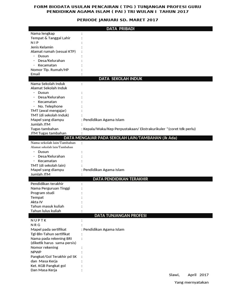 Biodata Ceklis Pernyataan Usulan TPG TW 1 2017 | PDF