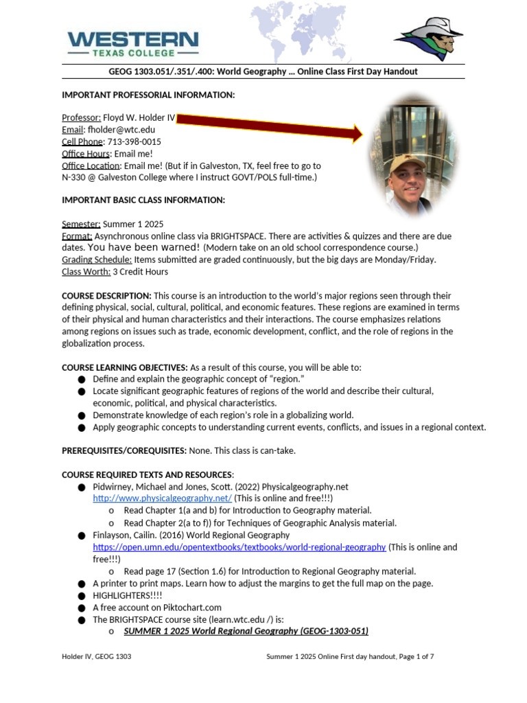 Geog 1303 Online First Day Handout - 2025 Summer 1 - WTC | PDF ...