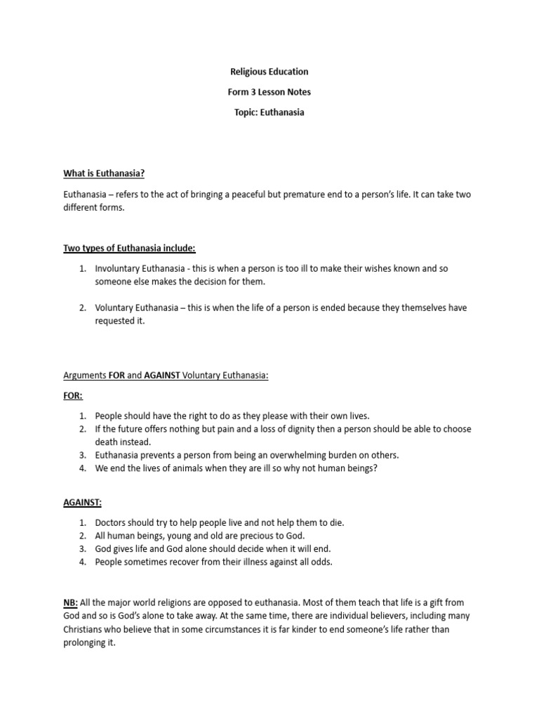 Form 3 Lesson Notes (Euthanasia) | PDF