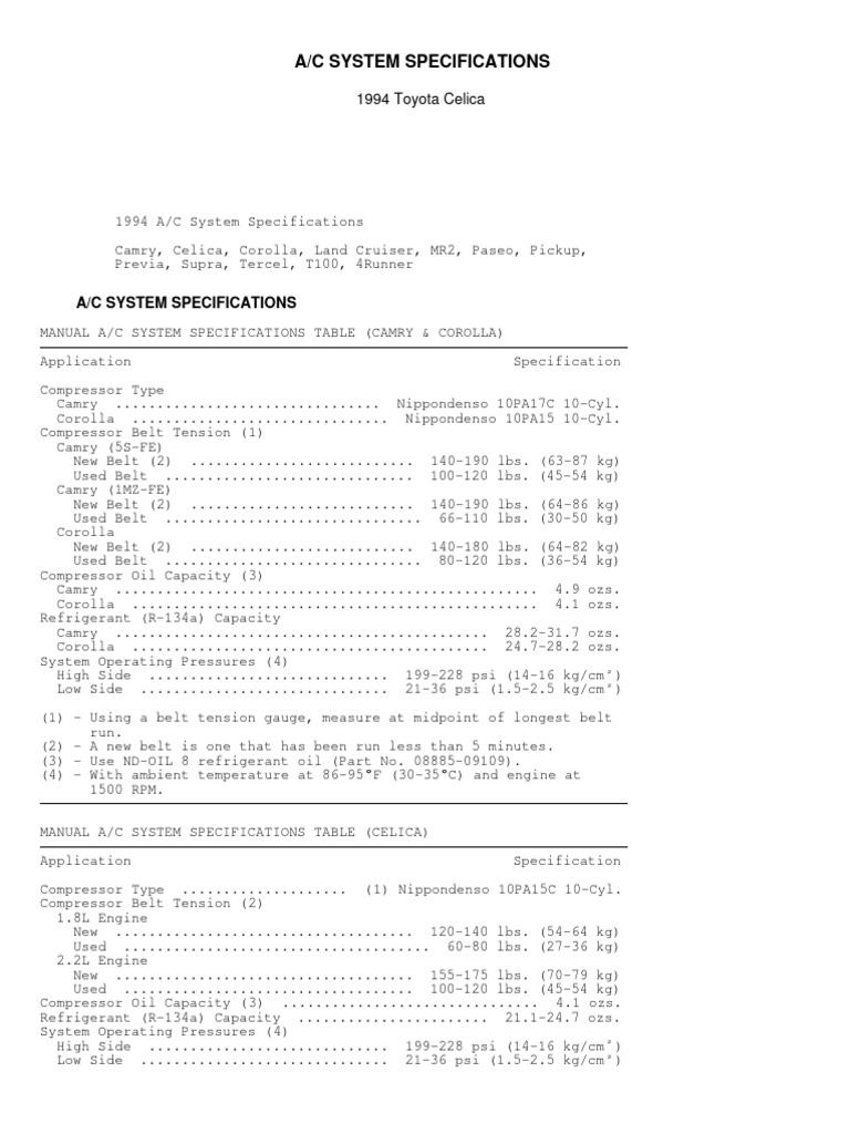 Ac System Specifications | PDF | Air Conditioning | Cars Of Japan