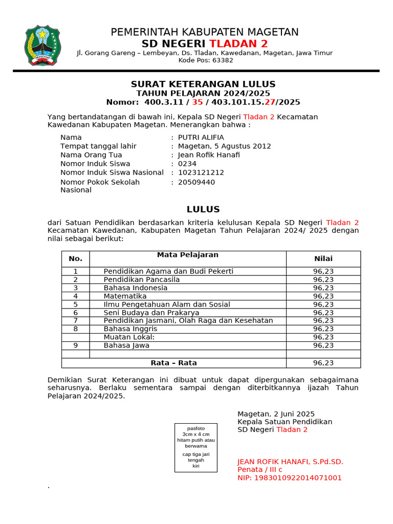 Surat Keterangan Lulus SD Tladan 2 2025 | PDF