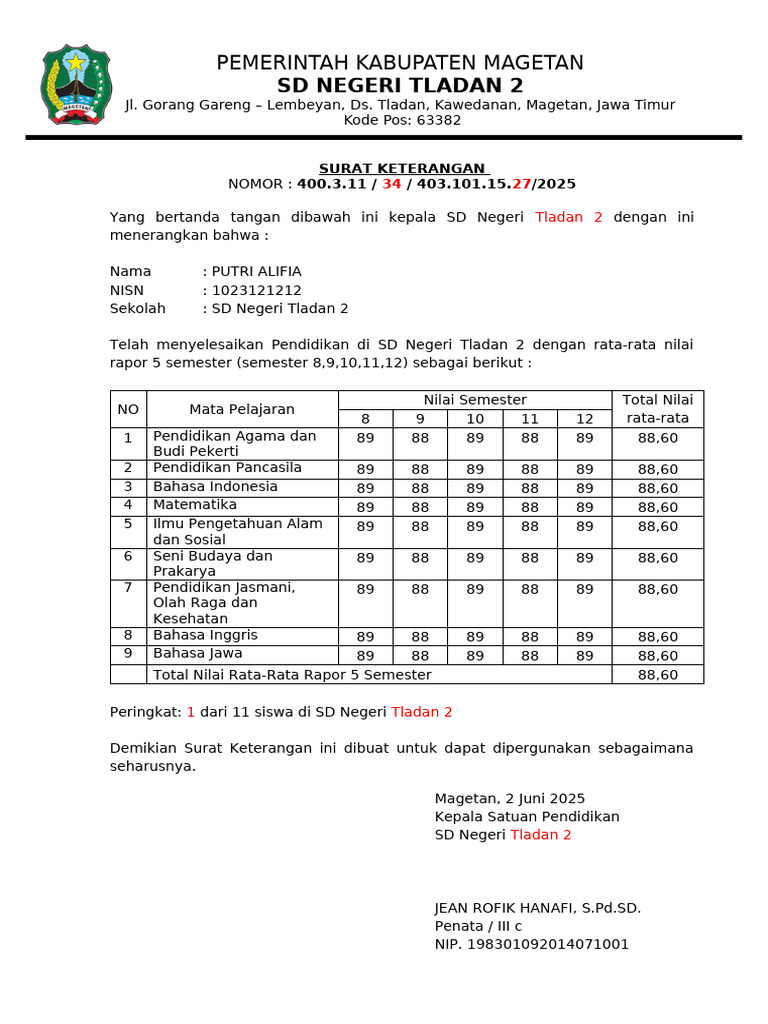 Surat Keterangan Rata Rata Nilai Rapor 5 Semester 2025 FIX | PDF