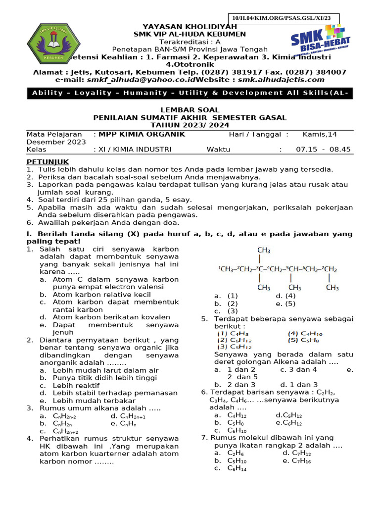 SOAL psas MPP KIMIA ORGANIK XI GSL 2023 | PDF