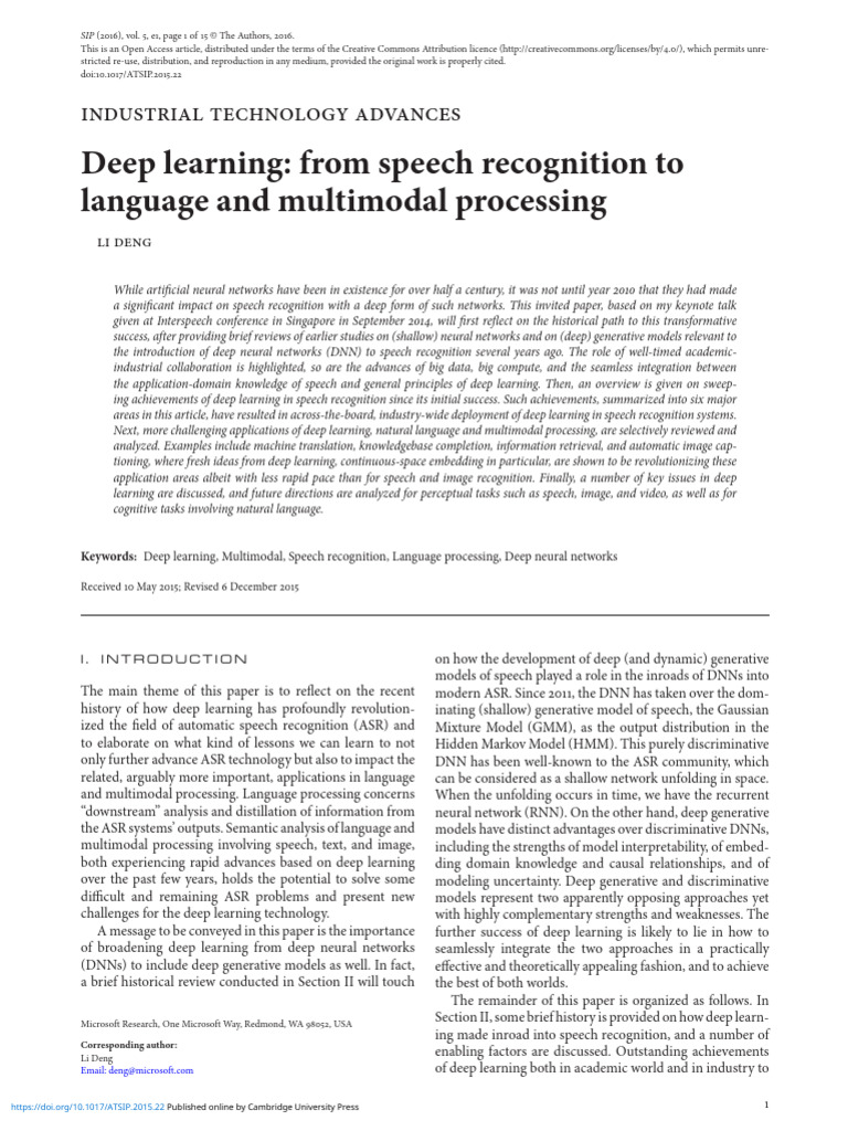 Deep Learning From Speech Recognition To Language and Multimodal Processing | PDF | Deep ...