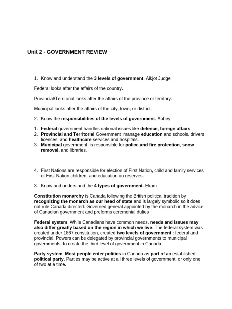 Unit 2 - Government Review (B) | PDF | Canada | Government Of Canada