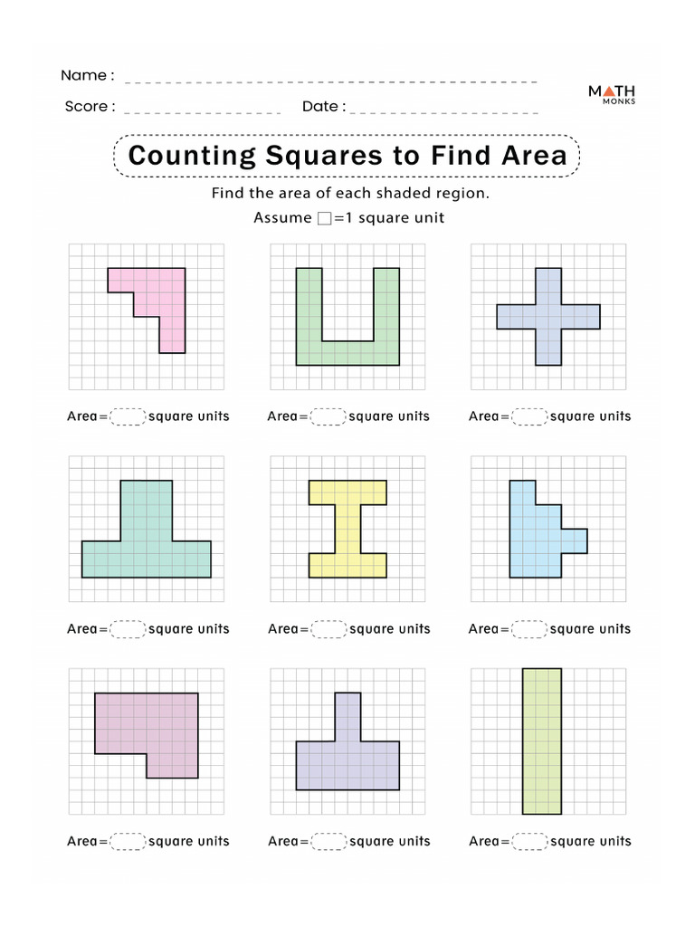 Counting Squares To Find Area Worksheets | PDF