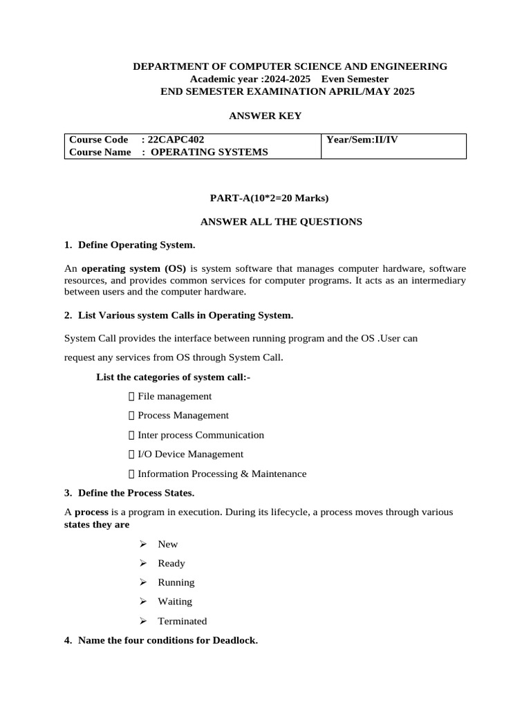 Os Semester Oues Answer Key | PDF | Operating System | Scheduling (Computing)