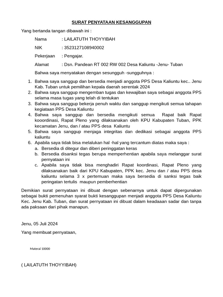Surat Penyataan Kesanggupan | PDF
