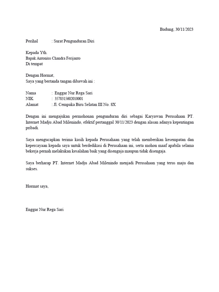 Surat Pengunduran Diri Enggar Nur Rega Sari | PDF