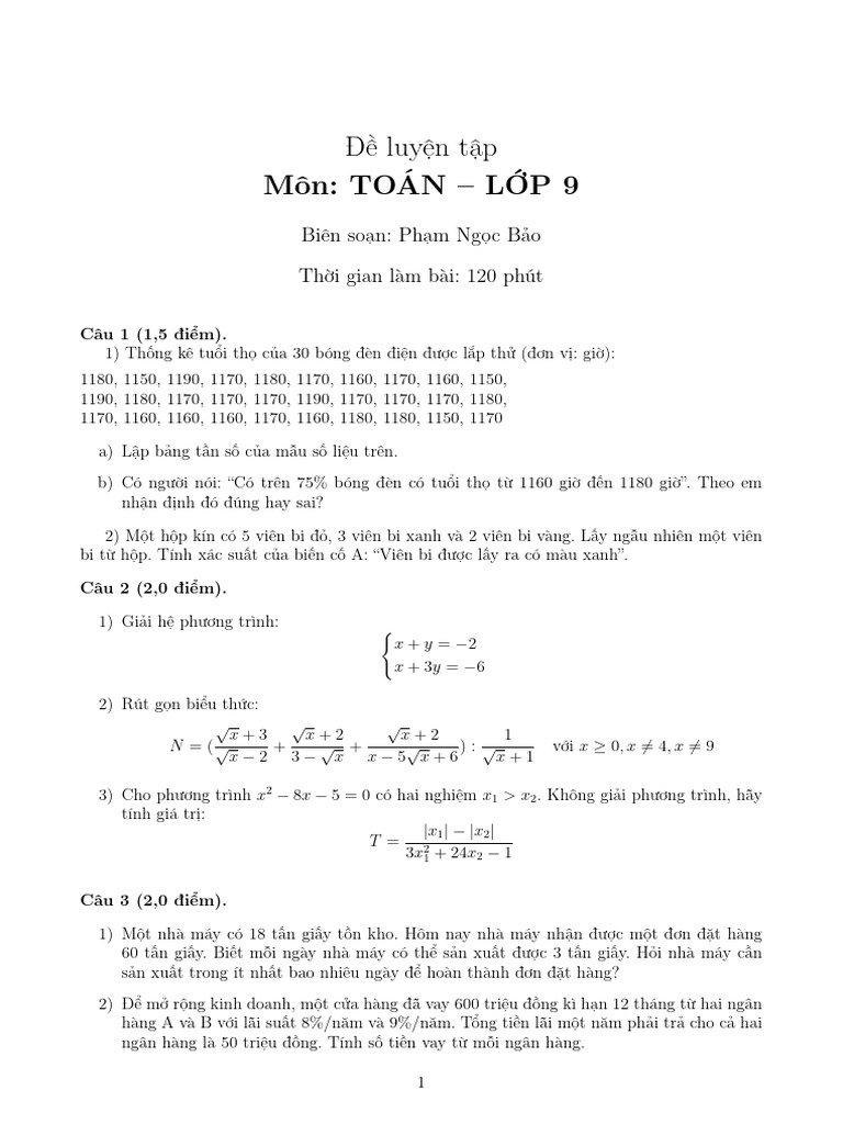 Đề luyện tập toán 9 | PDF