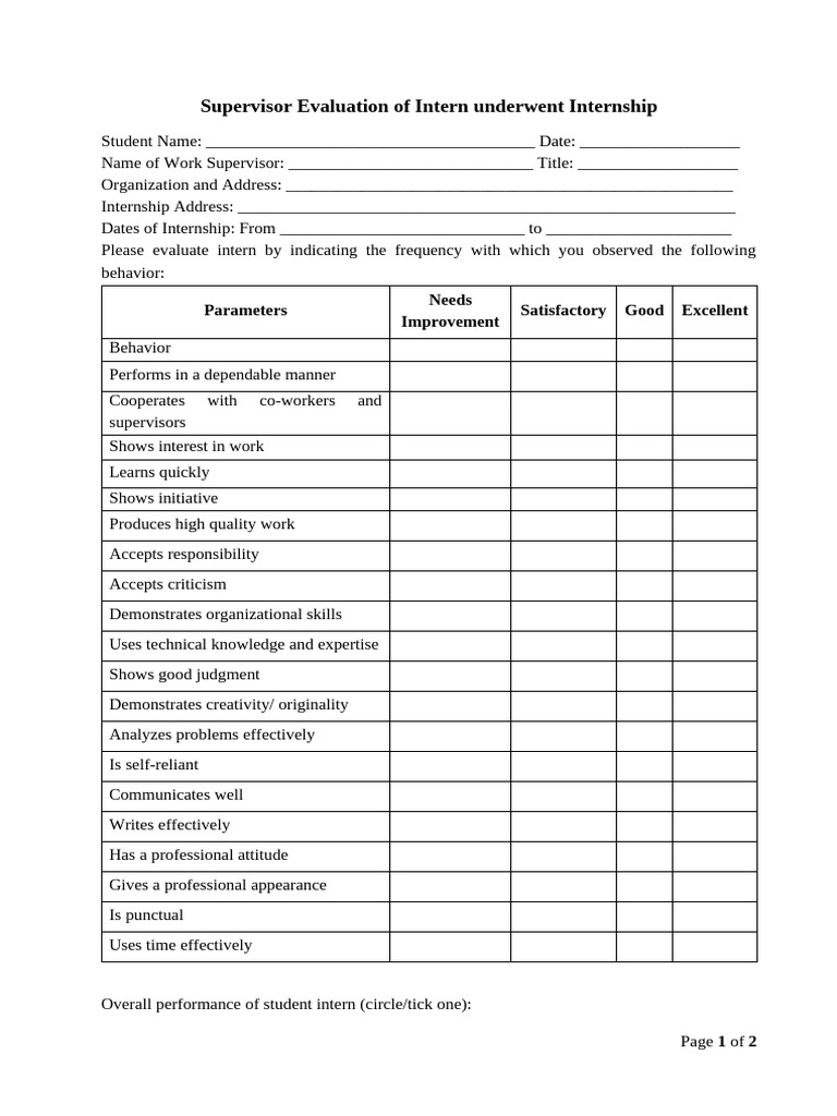 Internship Supervisor Evaluation Form | PDF