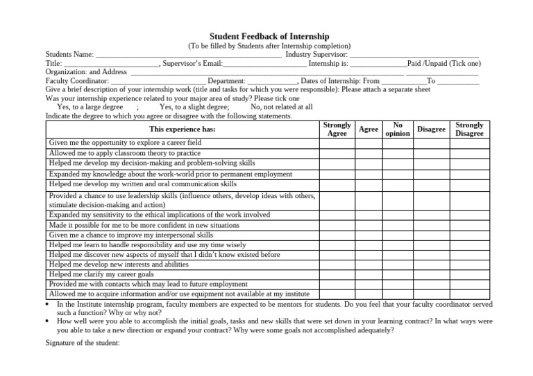 Internship Feedback Form for Students | PDF | Skill | Leadership