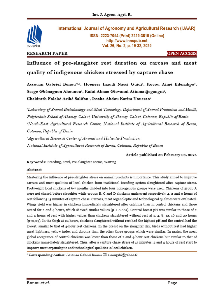 Influence of Pre-Slaughter Rest Duration On Carcass and Meat Quality of ...