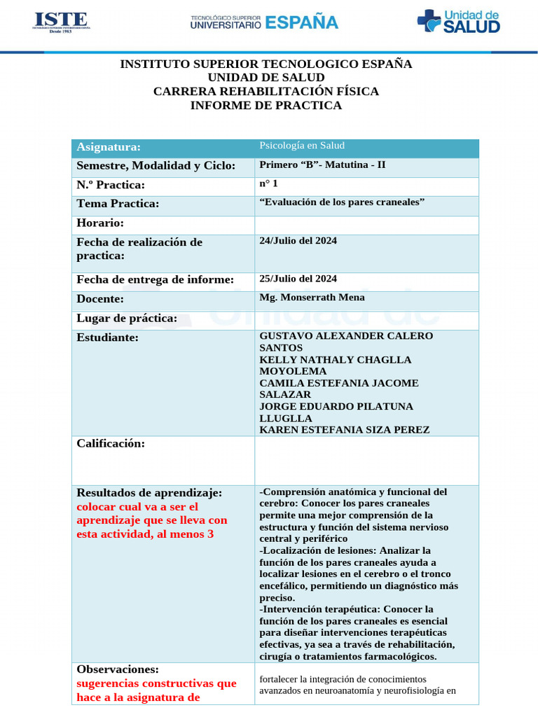 Formato Informe de Practicas Editar | PDF | Neurología | Sicología