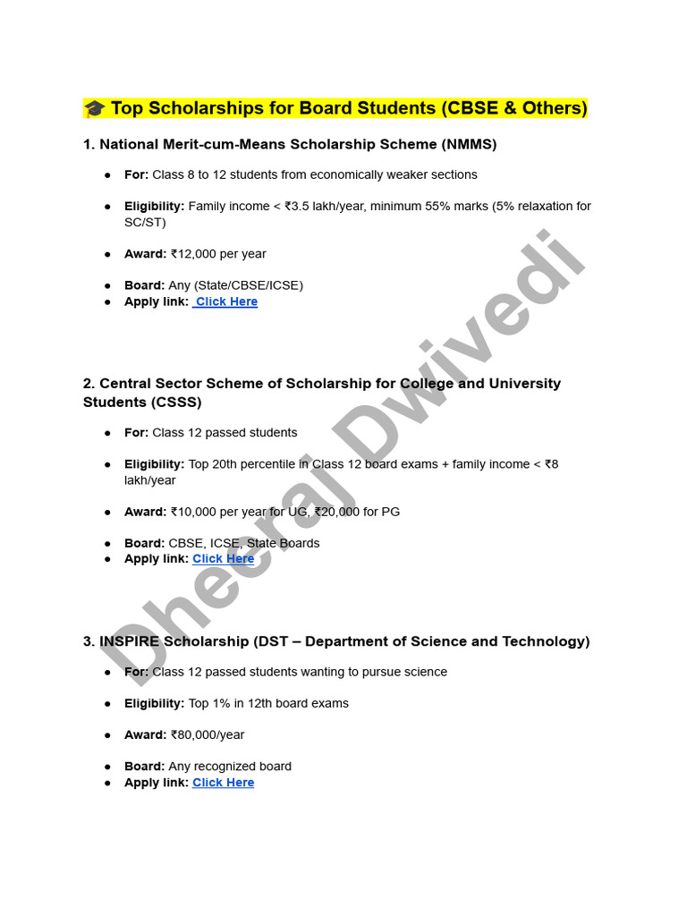 Top Scholarships For Board Students (CBSE & Others) | PDF