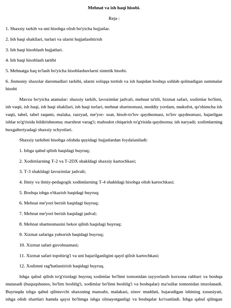 Mehnat Va Ish Haqi Hisobi. | PDF