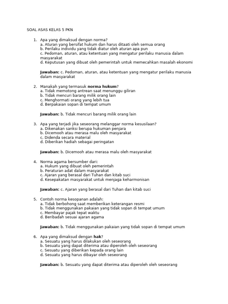 Soal Asas Kelas 5 Pkn Dan Jawabannya | PDF