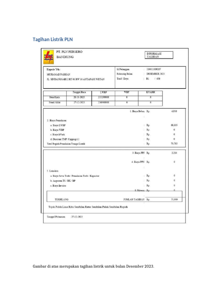 Tagihan PLN Desember 2023 | PDF