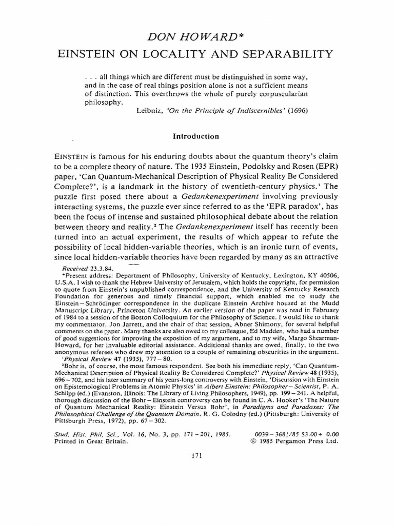Locality Separability 1985 | PDF | Albert Einstein | Quantum Mechanics