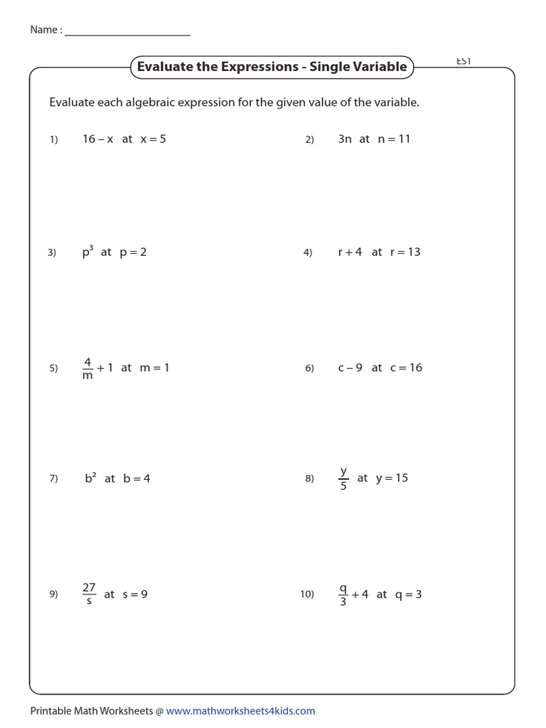 Algebra Evaluating Expressions Single Variable Easy All Key Pdf