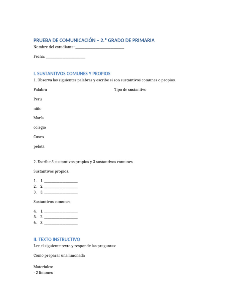 Prueba Comunicacion 2do Grado | PDF