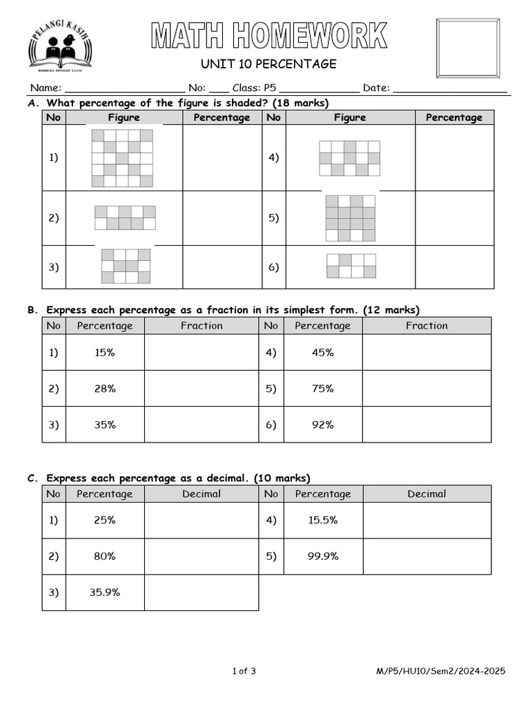 Unit 10 Percentage: A. What Percentage of The Figure Is Shaded? (18 ...