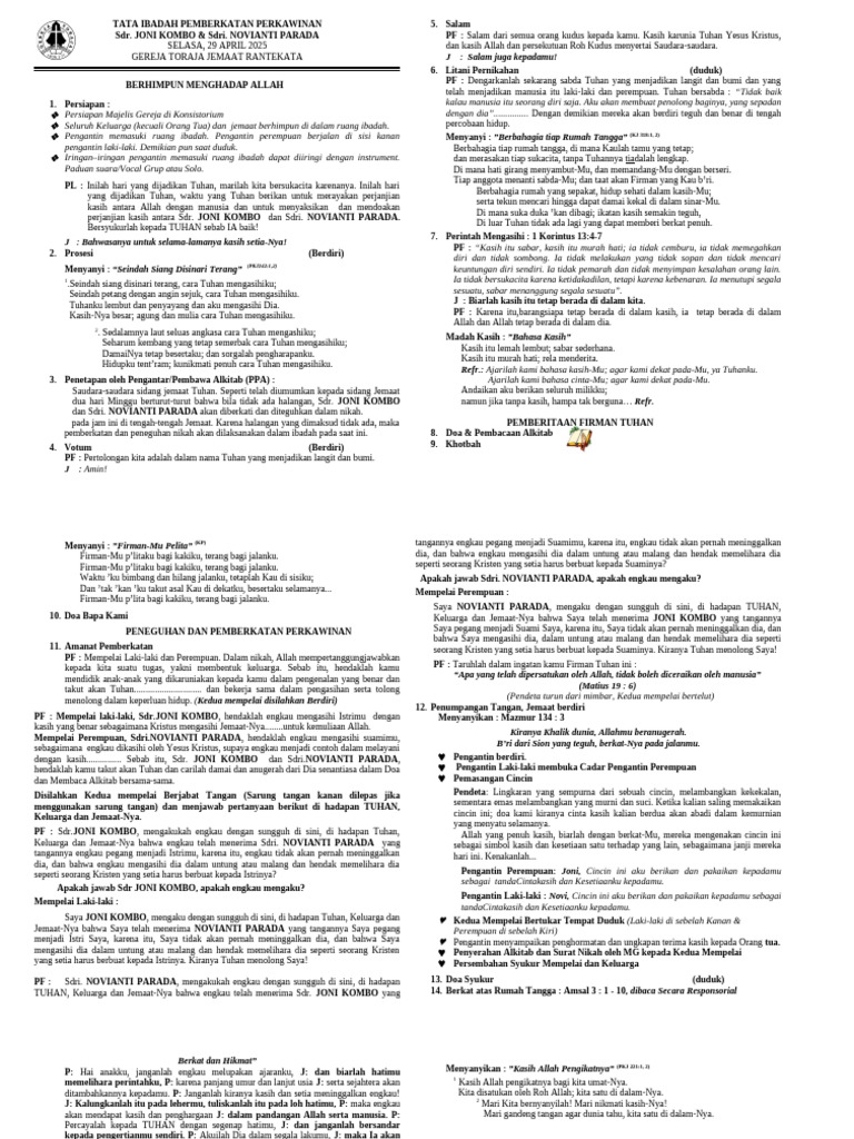 Tata Ibadah Pemberkatan Joni & Novi | PDF