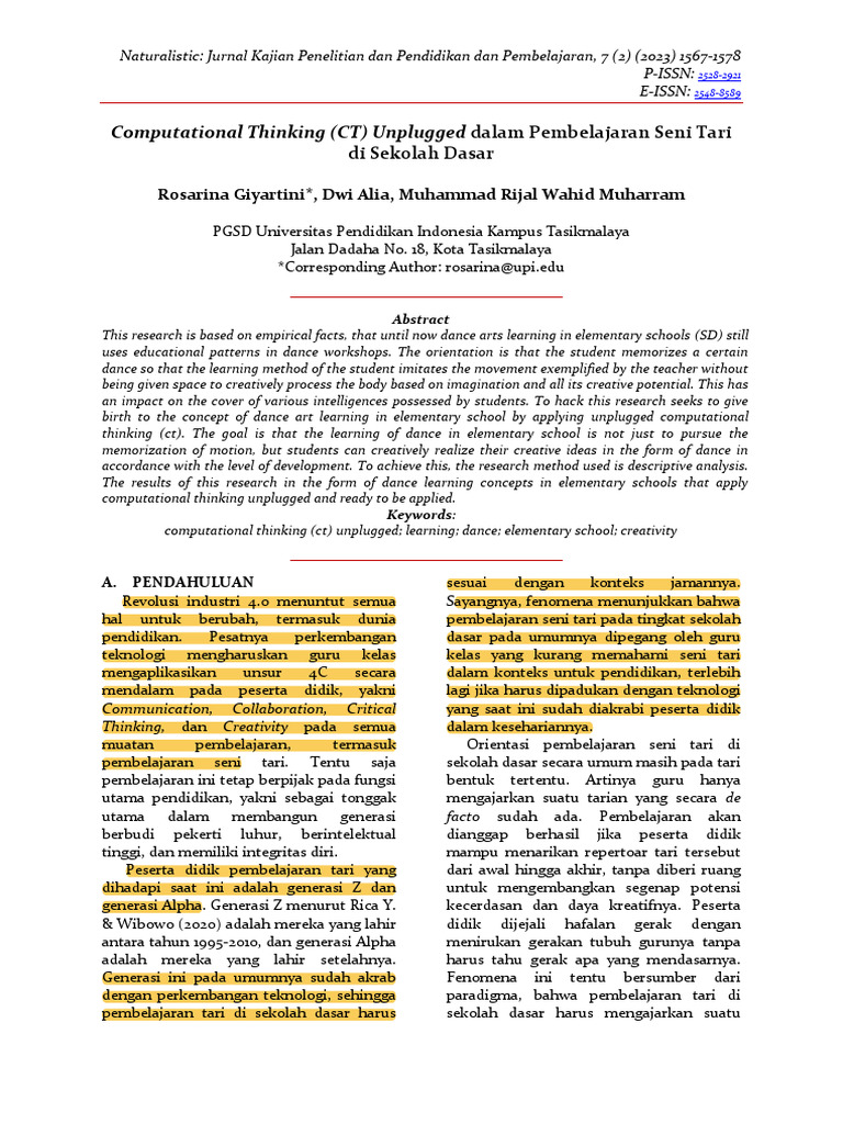 Computational Thinking (CT) Unplugged Dalam Pembelajaran Seni Tari Di ...